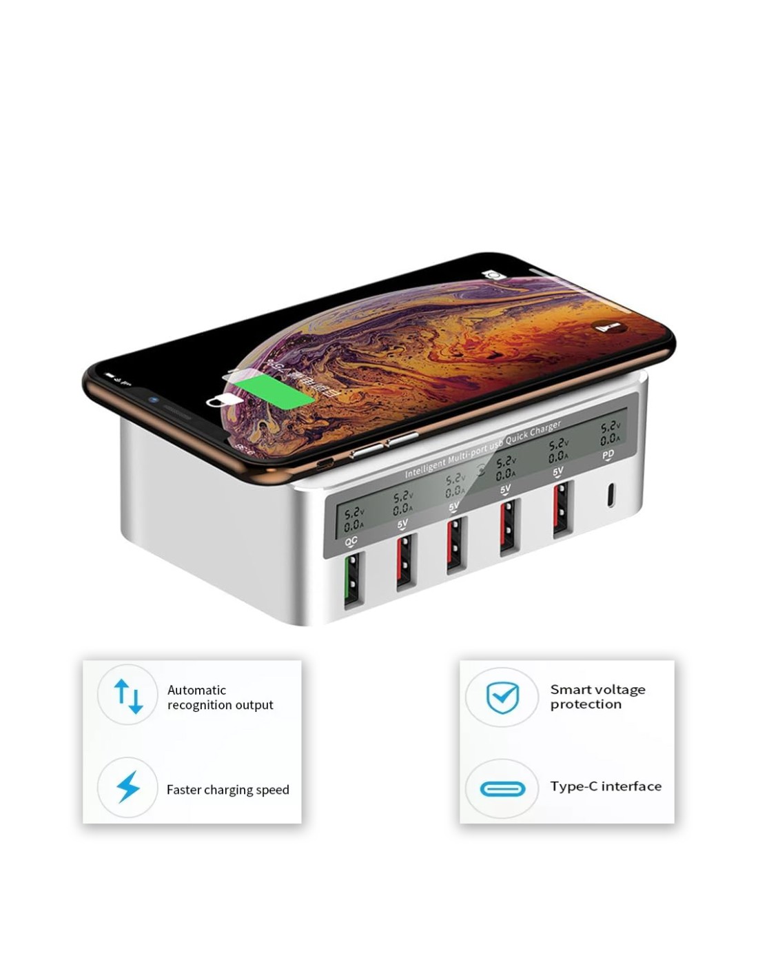 Cargador Base De Carga Inalámbrica 40W 6 Puertos Pantalla Digital